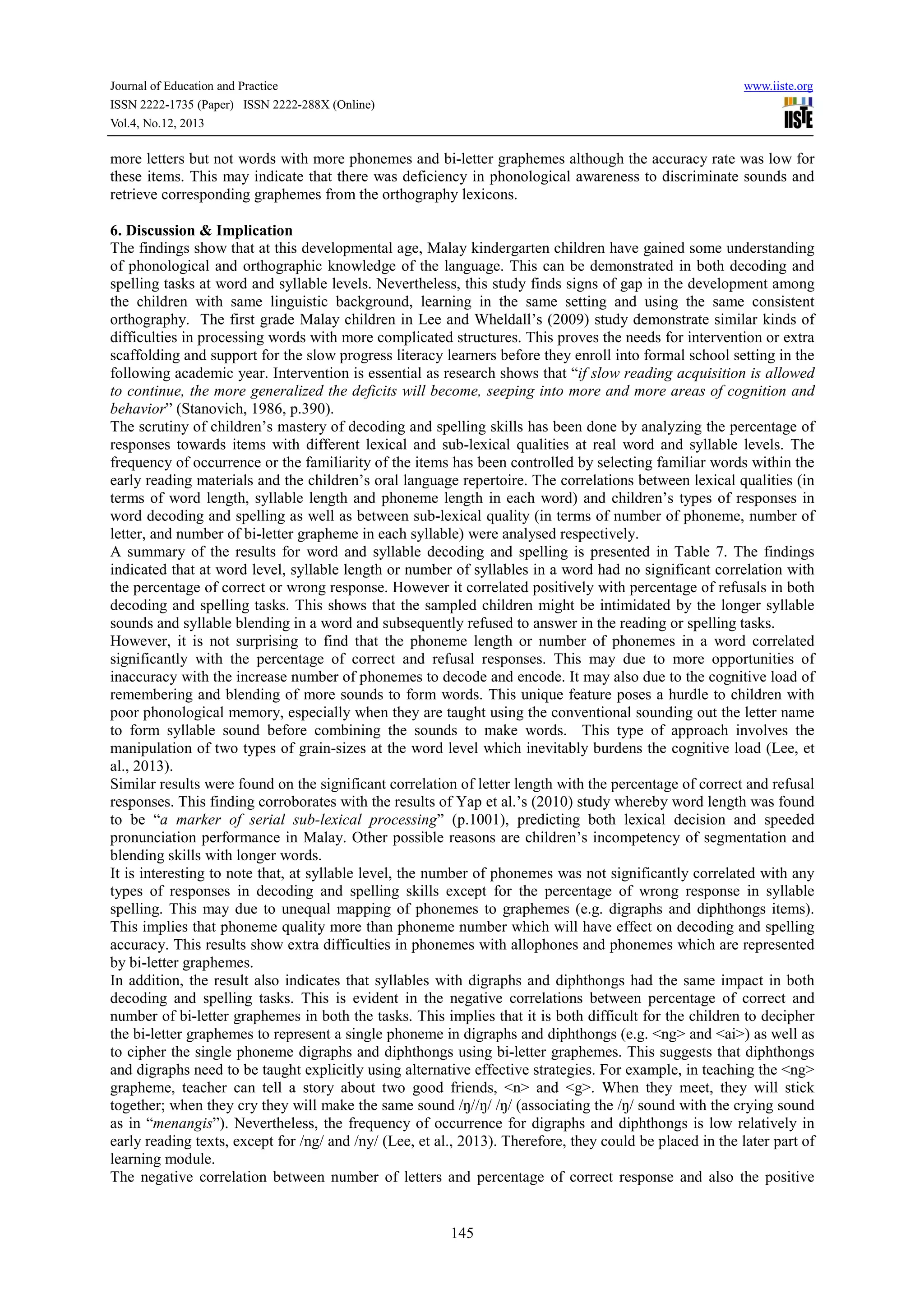 Lexical properties and early literacy acquisition of kindergarten ...