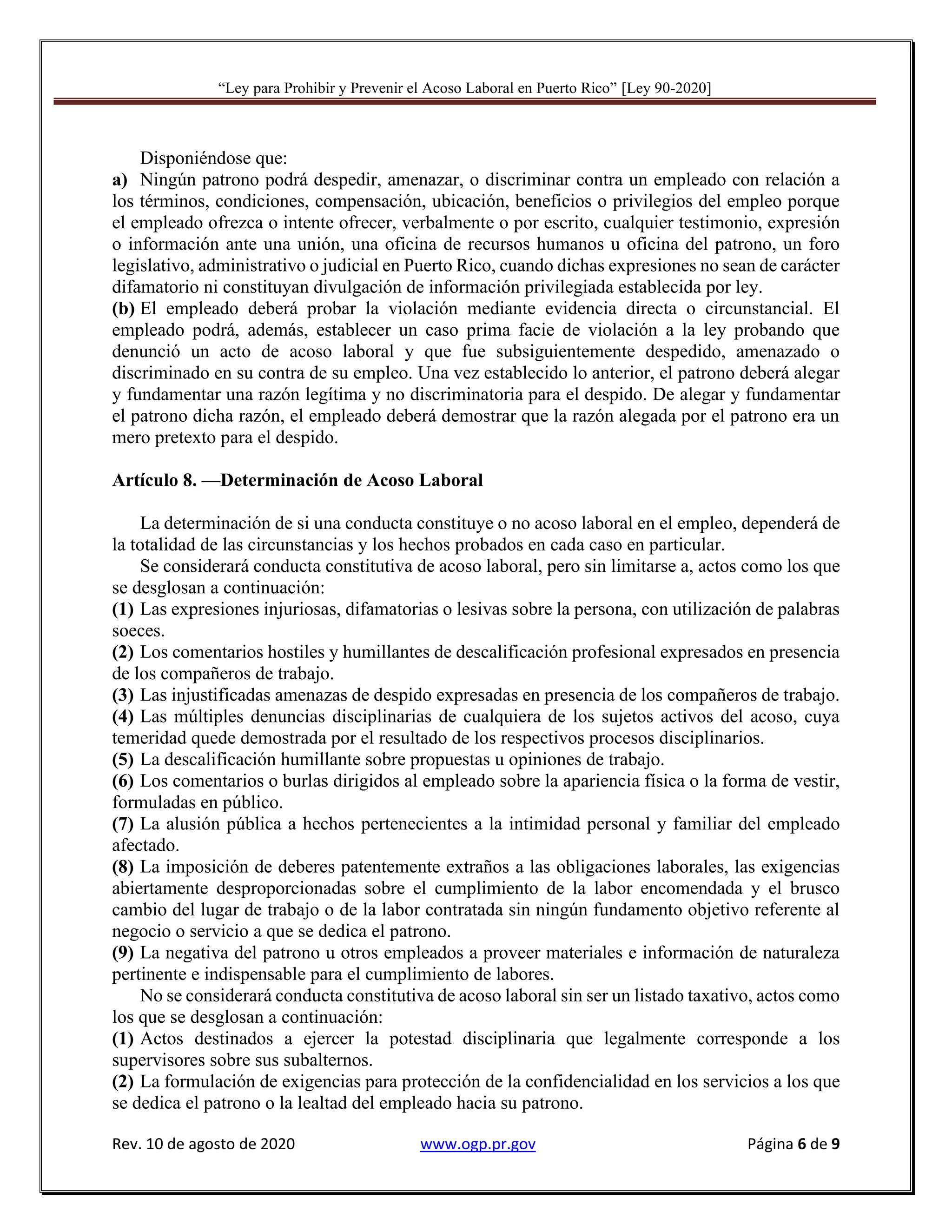 Ley para Prohibir y Prevenir el Acoso Laboral en Puerto Rico - Ley 90 ...