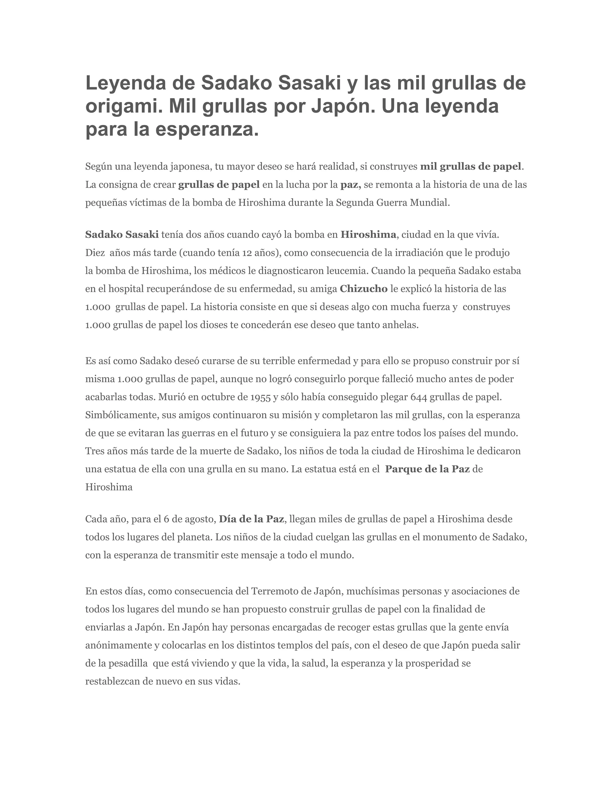 Leyenda de sadako sasaki y las mil grullas de origami | PDF | Descarga ...