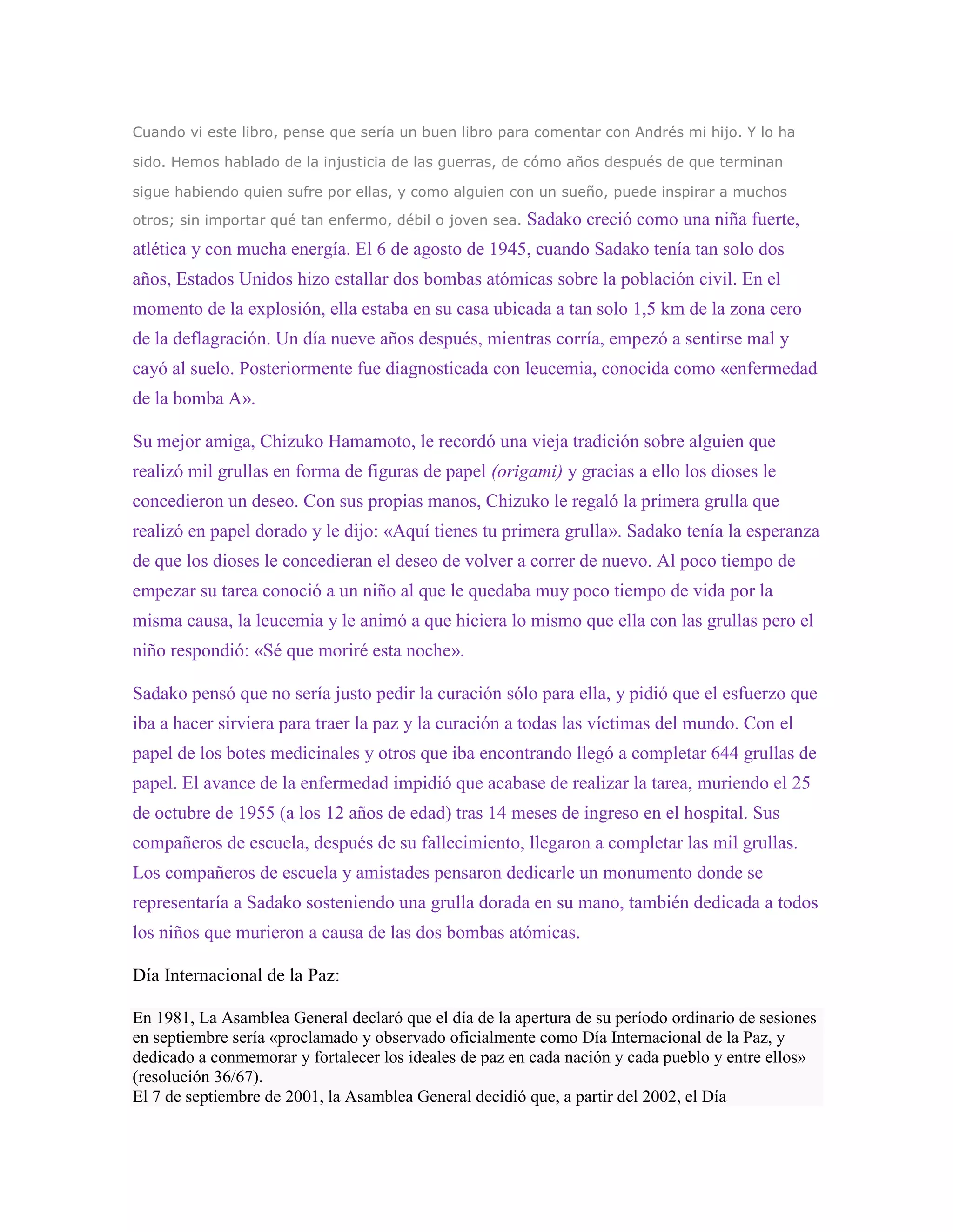 Leyenda de sadako sasaki y las mil grullas de origami | PDF