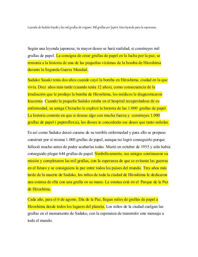 Resumen Del Libro Sadako Y Las Mil Grullas De Papel - Leer un Libro