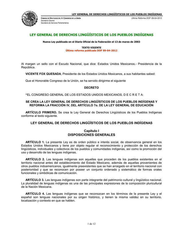 Ley general de derechos lingüísticos de los pueblos indigenas | PDF