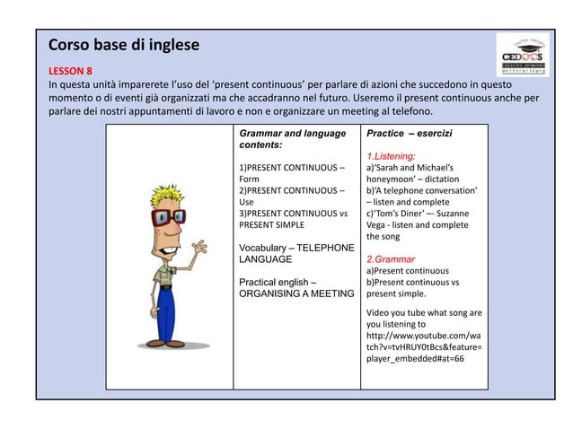 Corso di Inglese Cedocs Bolzano Lezione 8 | PPT