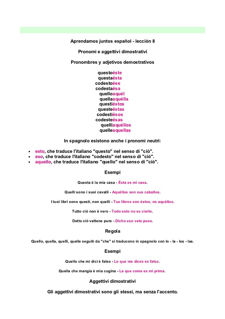 Lezione 8 pronomi aggettivi dimostrativi