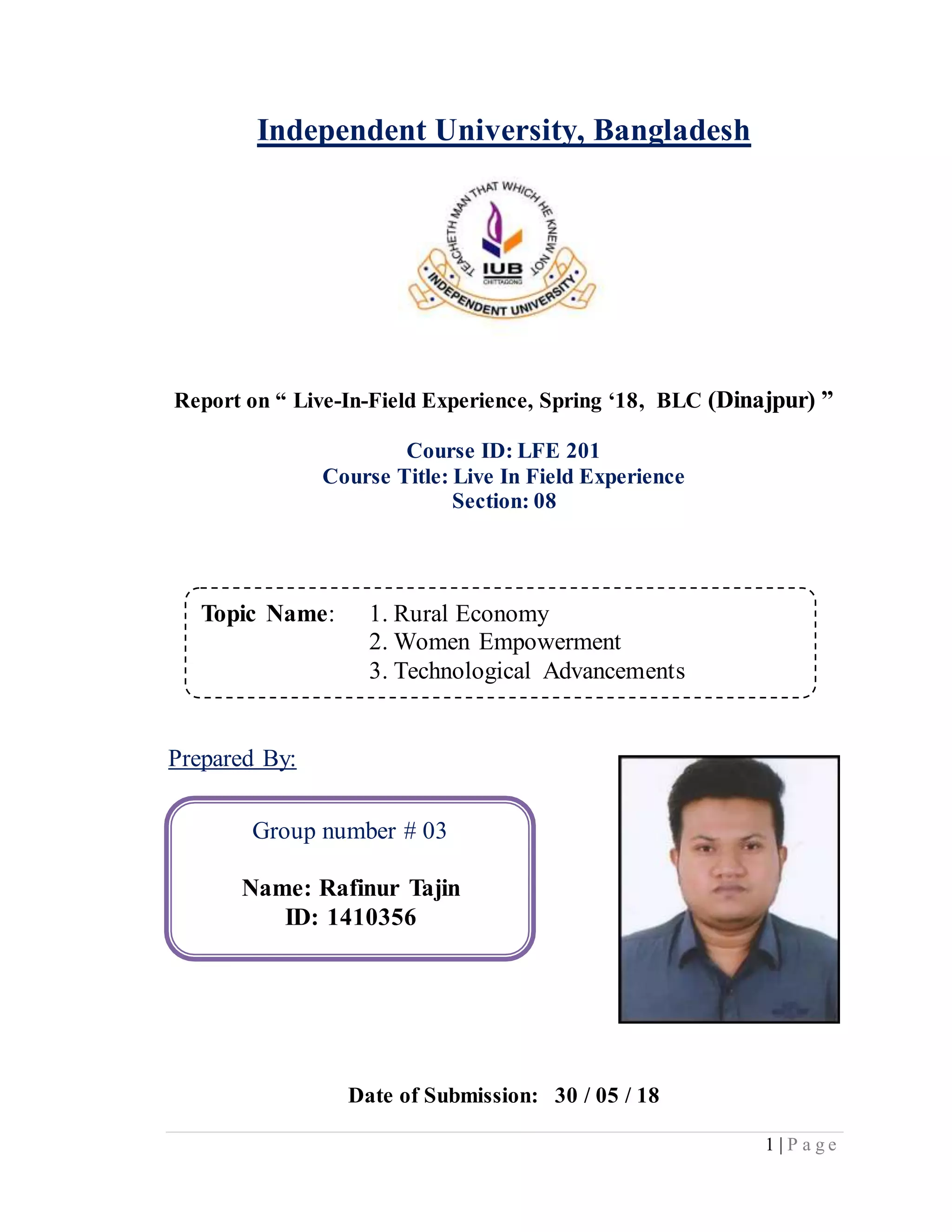 Report On Live In Field Experience 2019 (Dinajpur, Bangladesh) | DOC