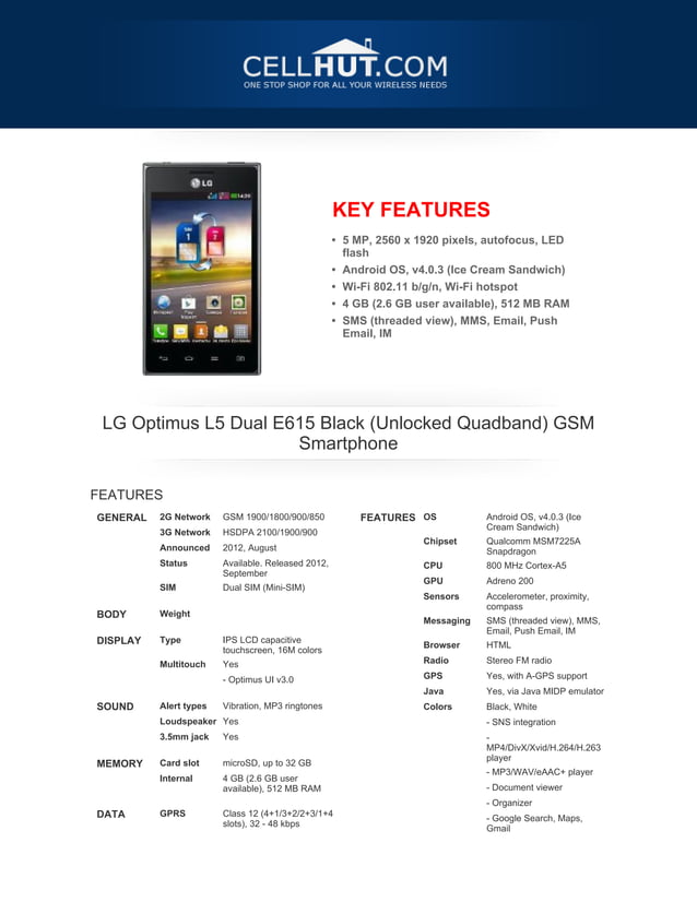 Lg optimus-l5-dual-e615-black-unlocked-quadband-gsm-smartphone brochure-33481 | PDF