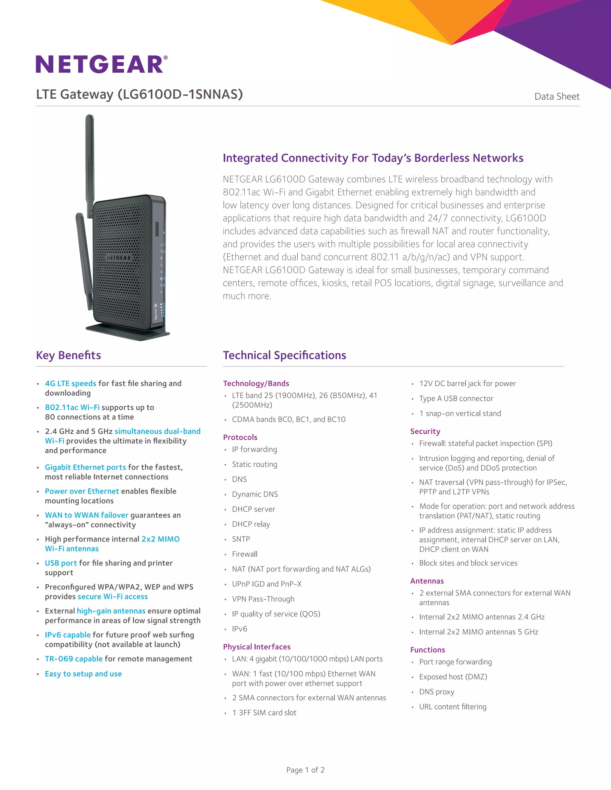 Sprint Spark-Capable, Tri-Band LTE Router - NetGear 6100 - Datasheet ...