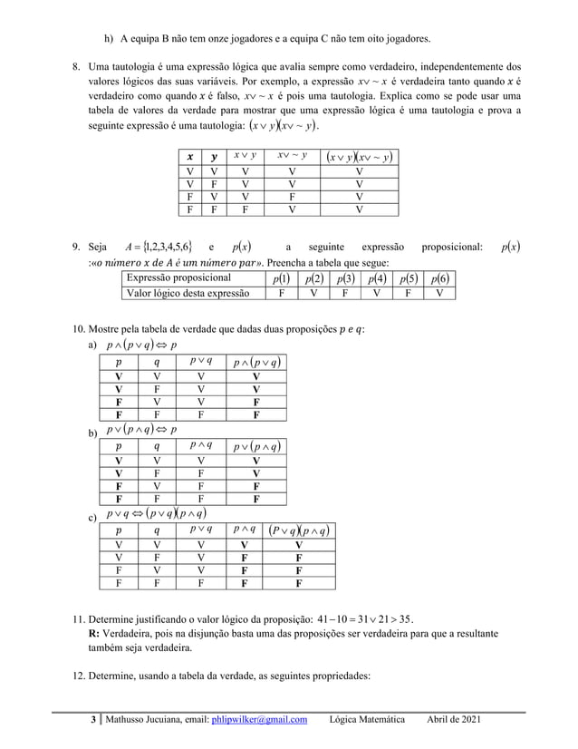 Lógica matemática (exercícios resolvidos) | PDF