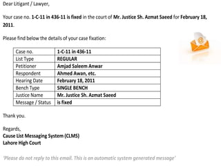 Lahore High Court Cause List Messaging System (CLMS) and Case History ...