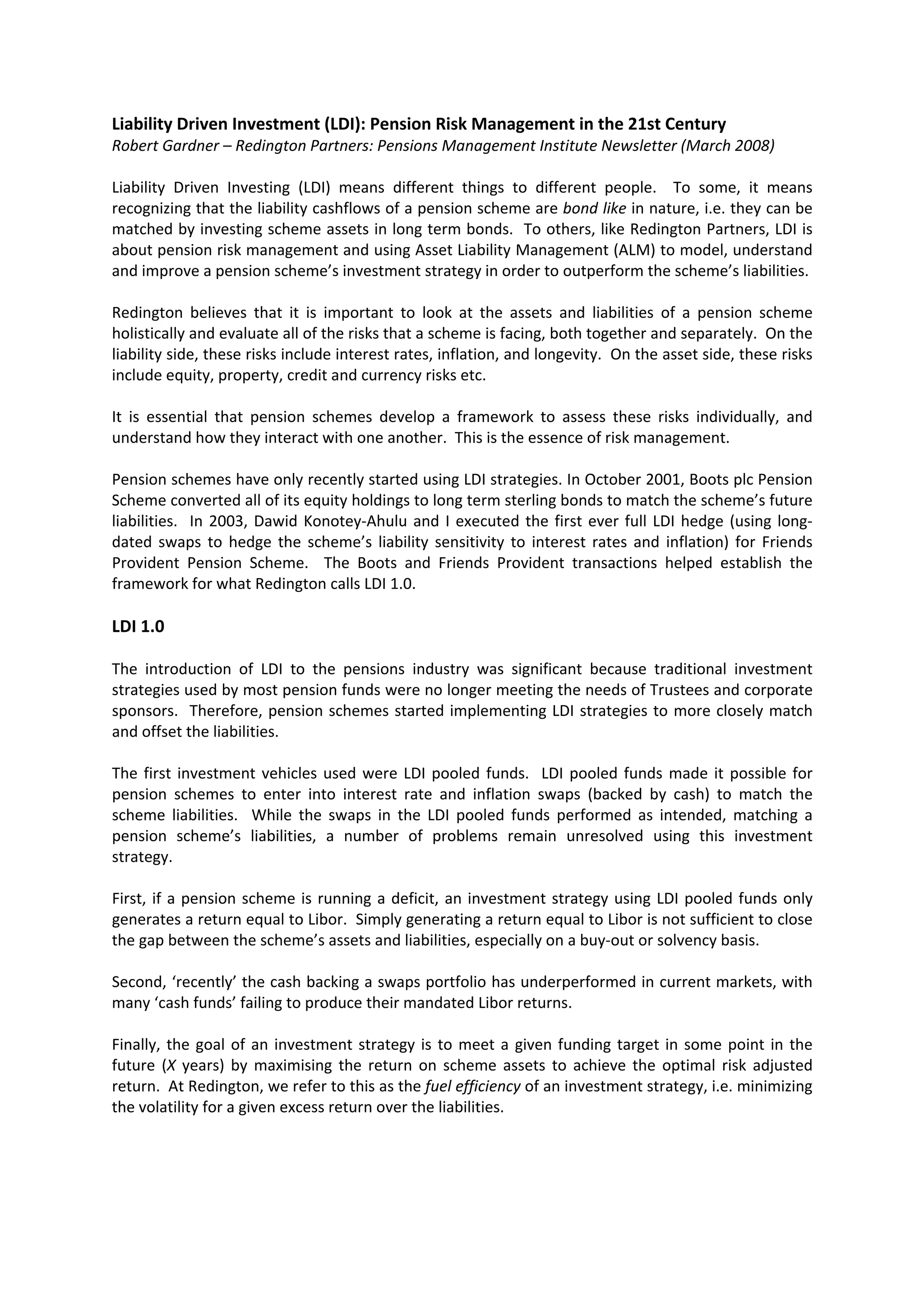 Liability Driven Investment (LDI): Pension Risk Management in the 21st ...