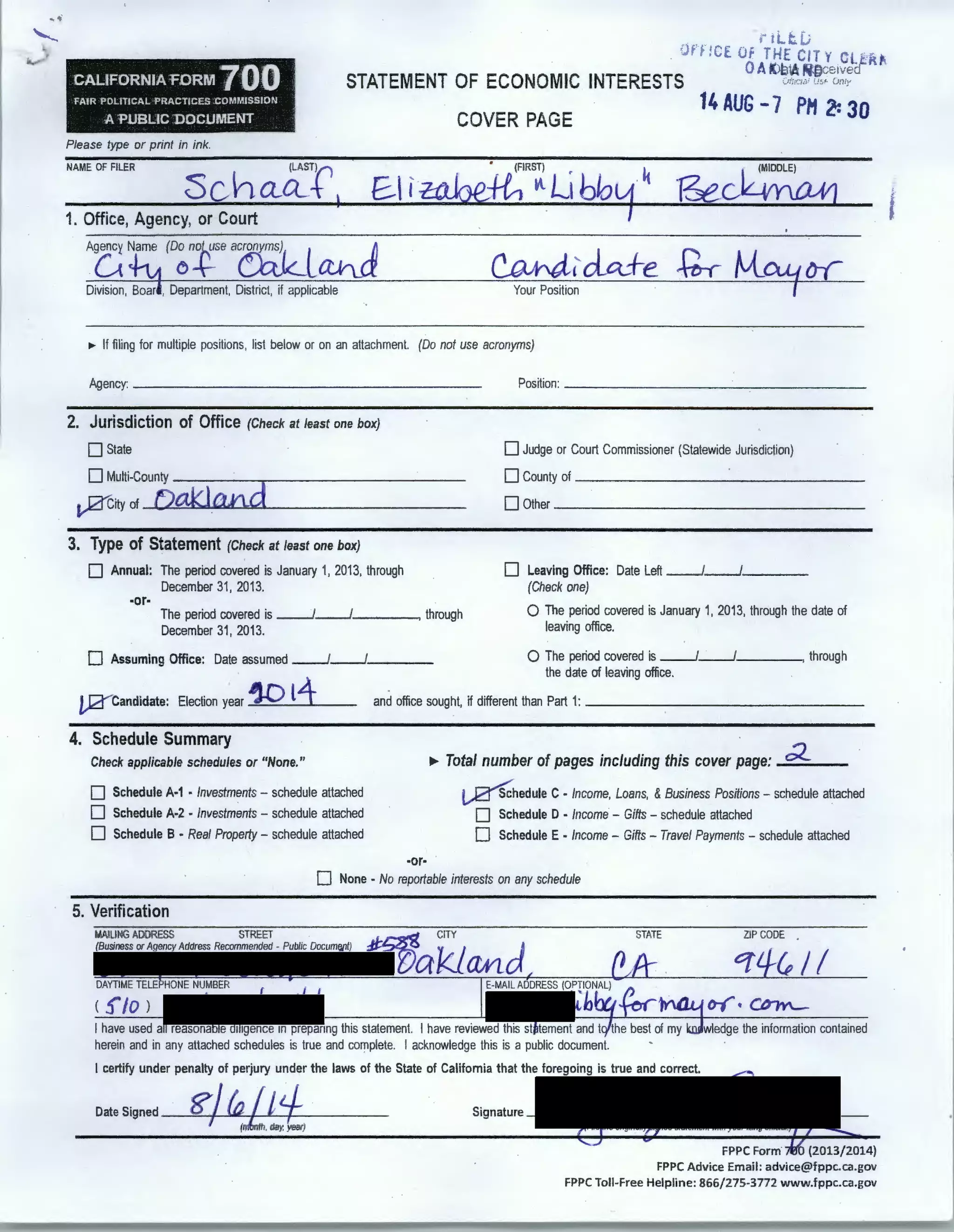 Libby Schaaf FPPC Form 700 | PDF