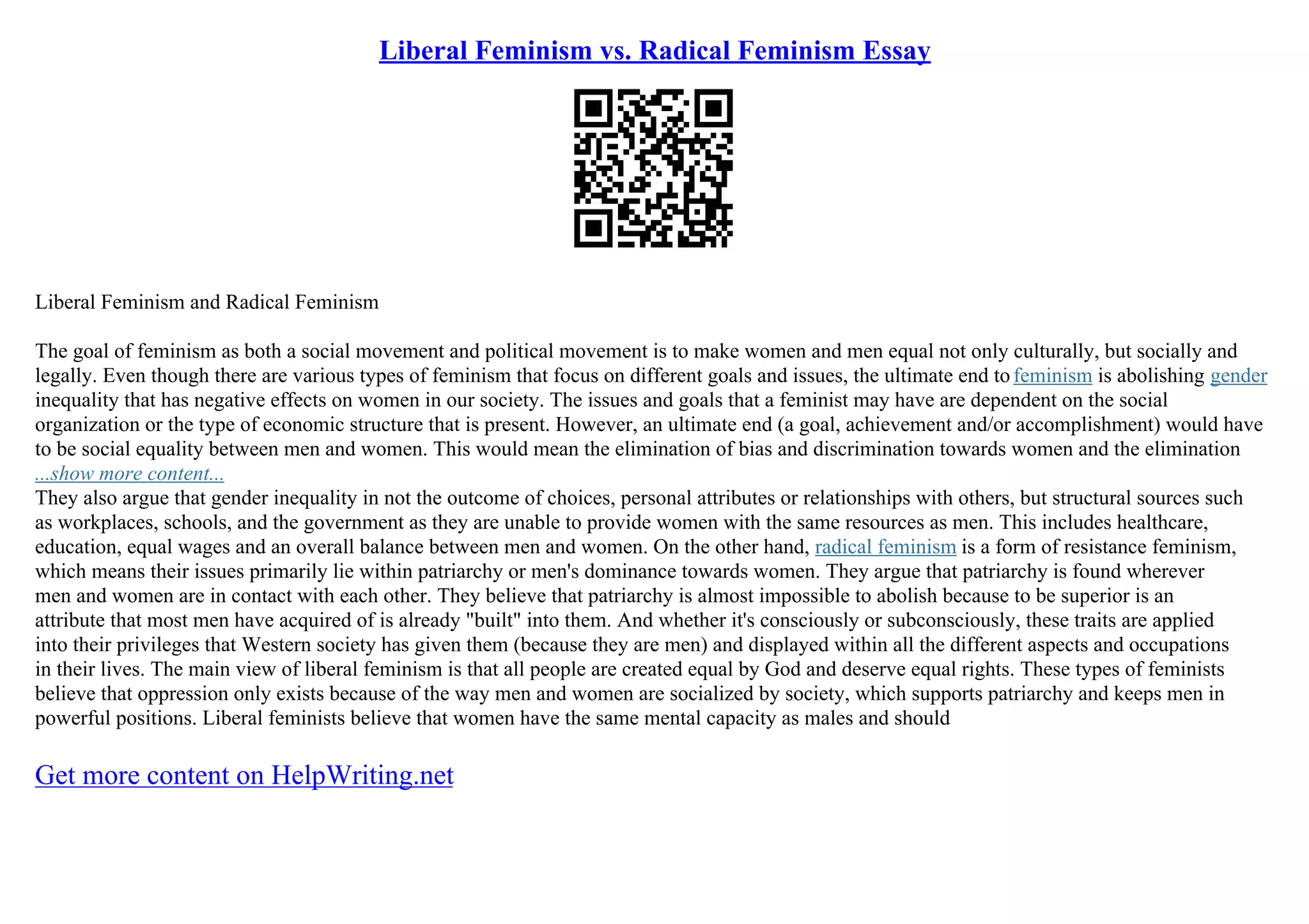 Liberal Feminism Vs. Radical Feminism Essay | PDF
