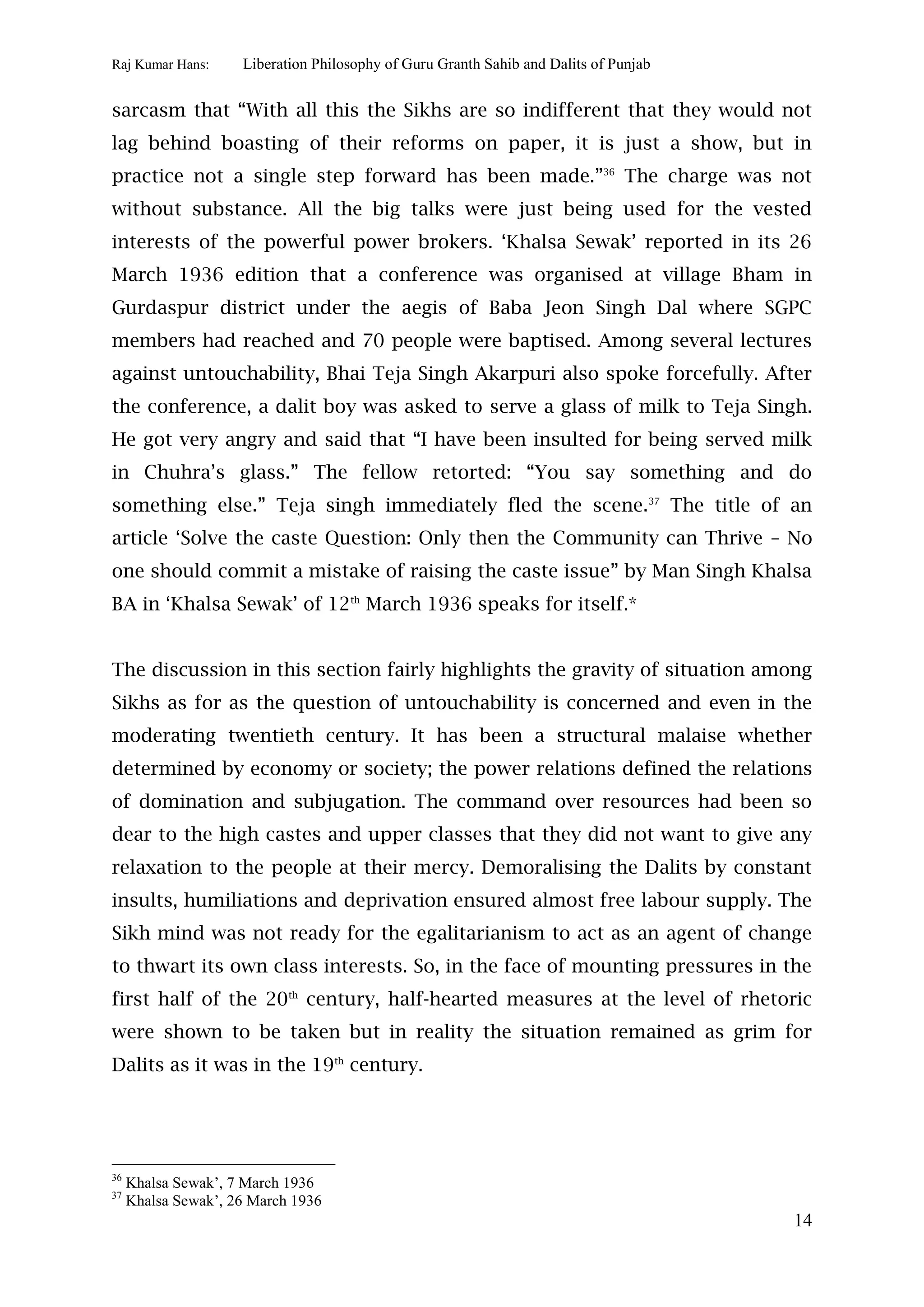 Liberation philosophy of guru granth sahib and dalits of punjab | PDF