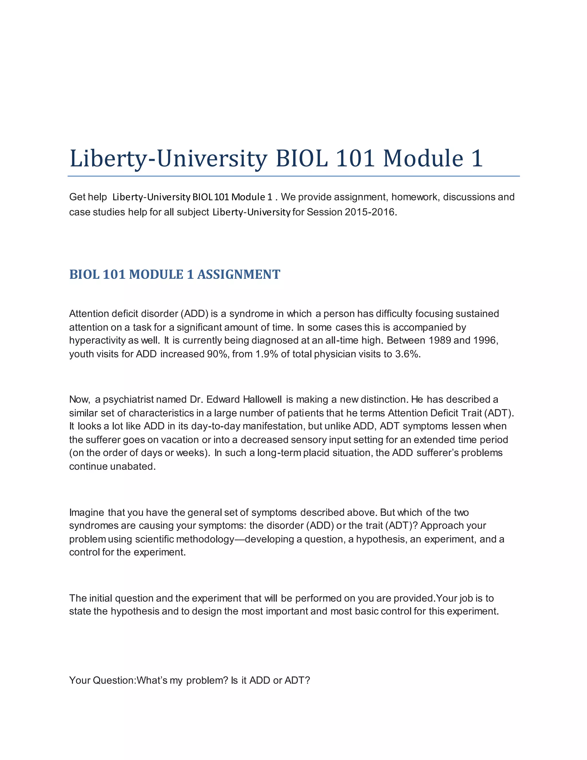 Liberty-University BIOL 101 Module 1 Assignment | PDF
