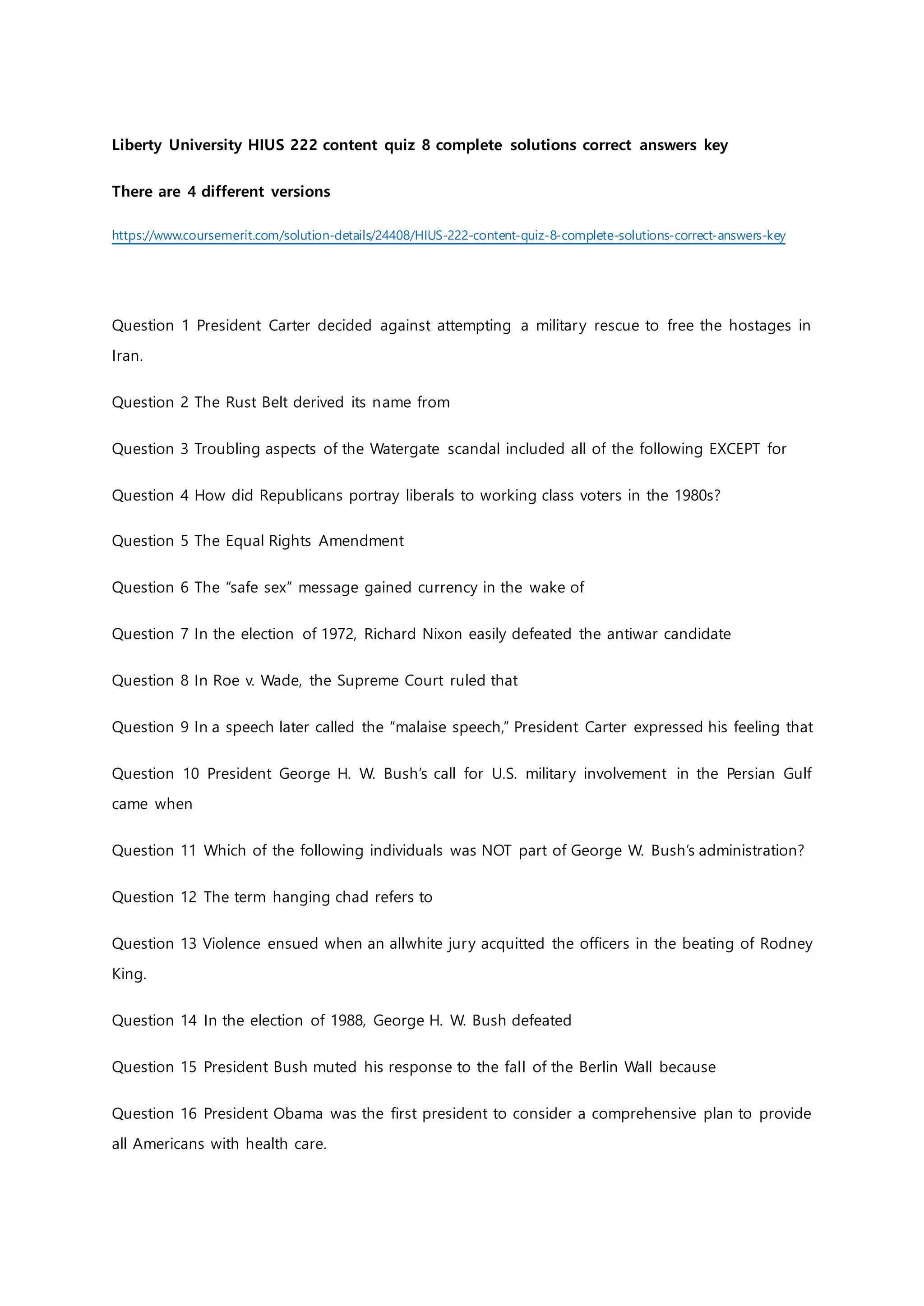 Liberty University Hius 222 Content Quiz 8 Complete Solutions Correct Answers Key Pdf