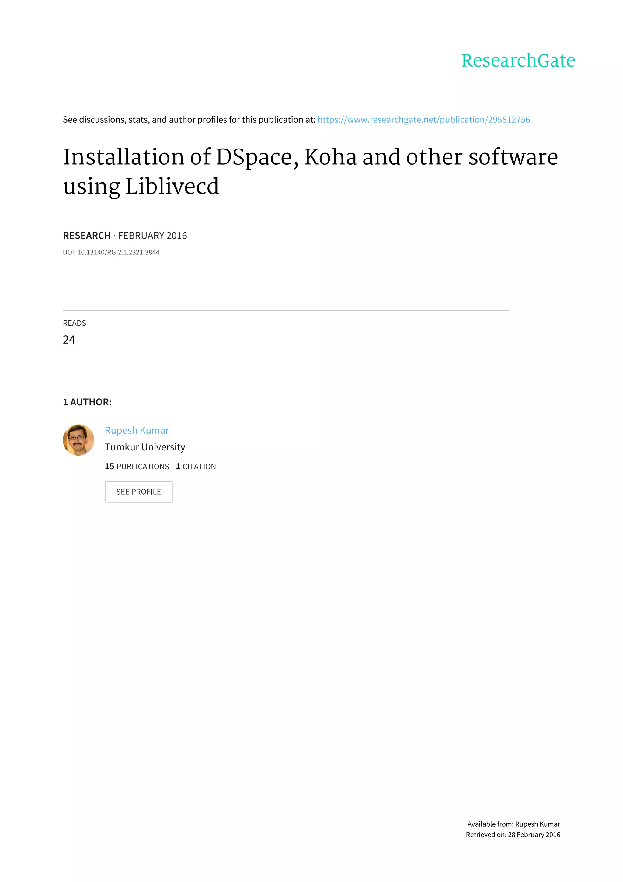 Installation of DSpace, Koha and other software using Liblivecd | PDF