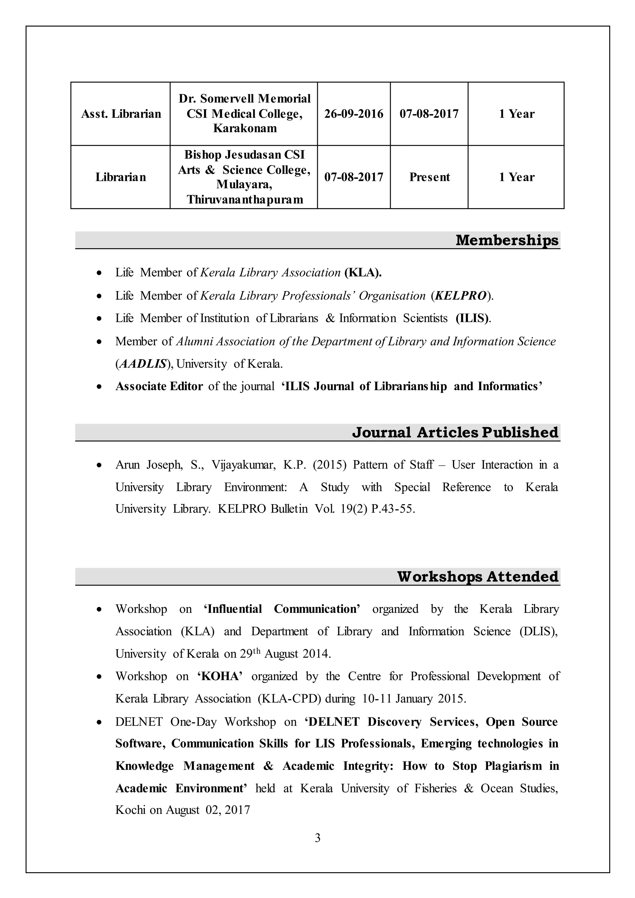 Librarian ARUN JOSEPH BSc, MLISC, UGC NET | DOCX