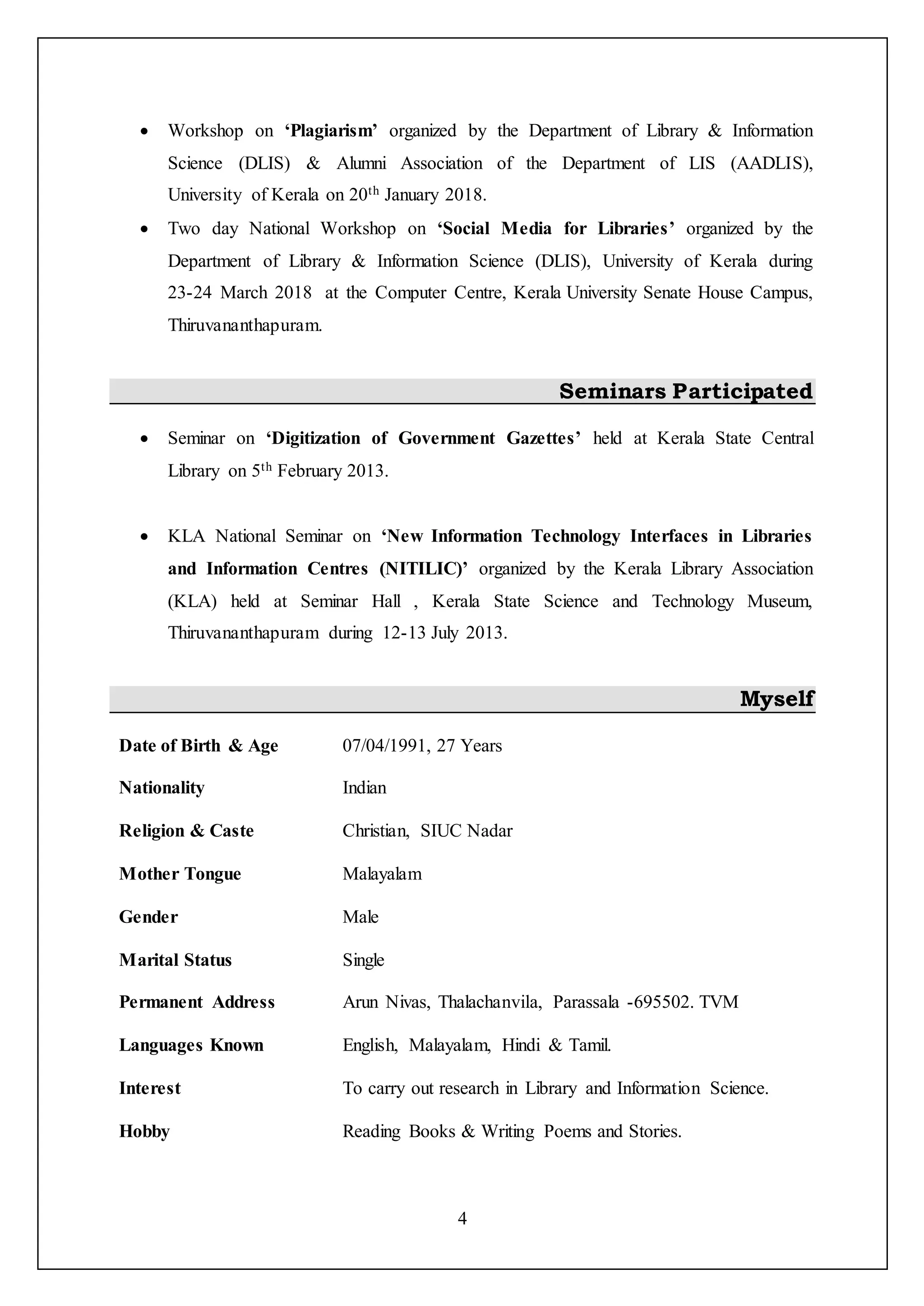 Librarian ARUN JOSEPH BSc, MLISC, UGC NET | DOCX