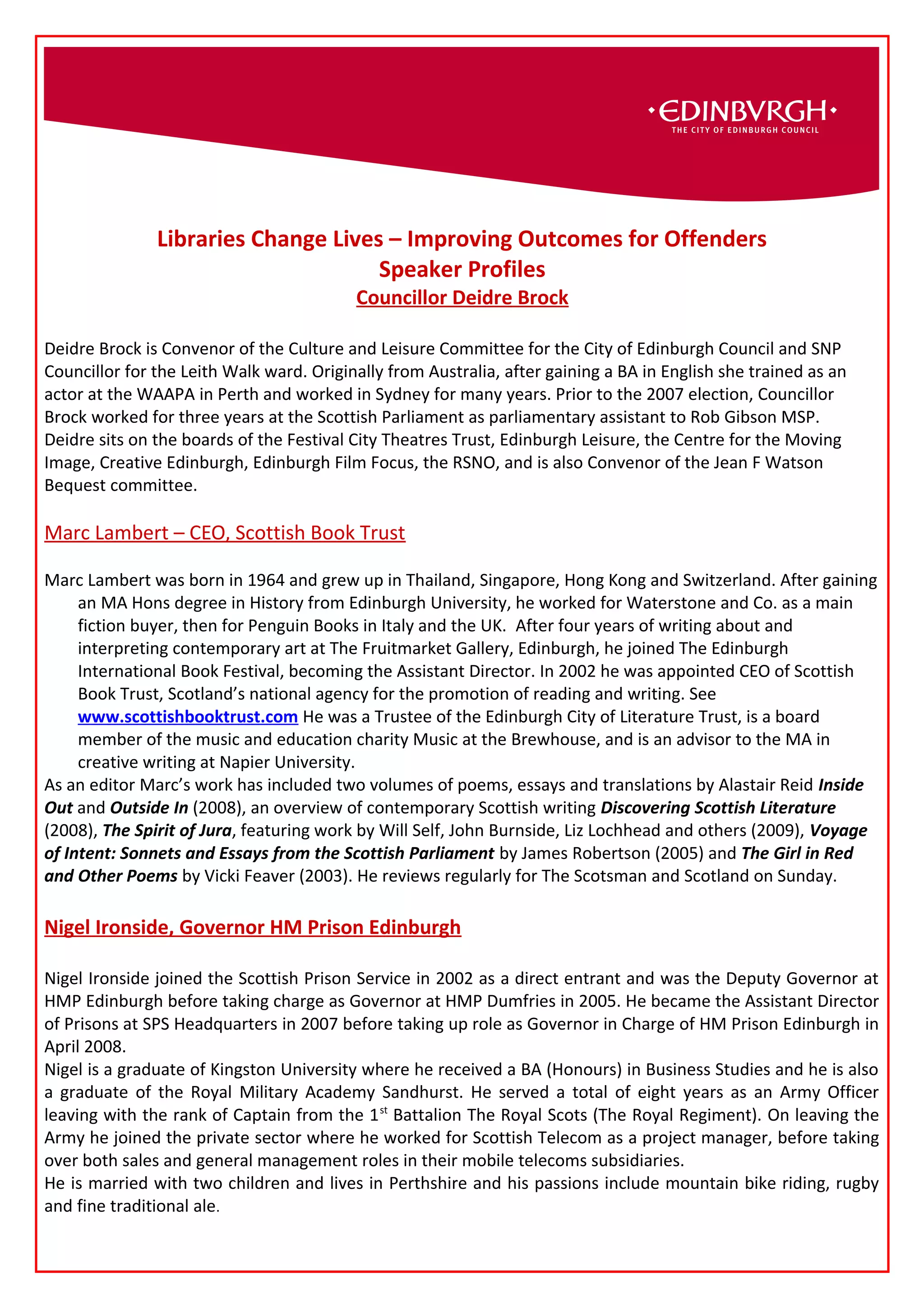 Libraries change lives and HMP Edinburgh: Speaker Profiles | DOC