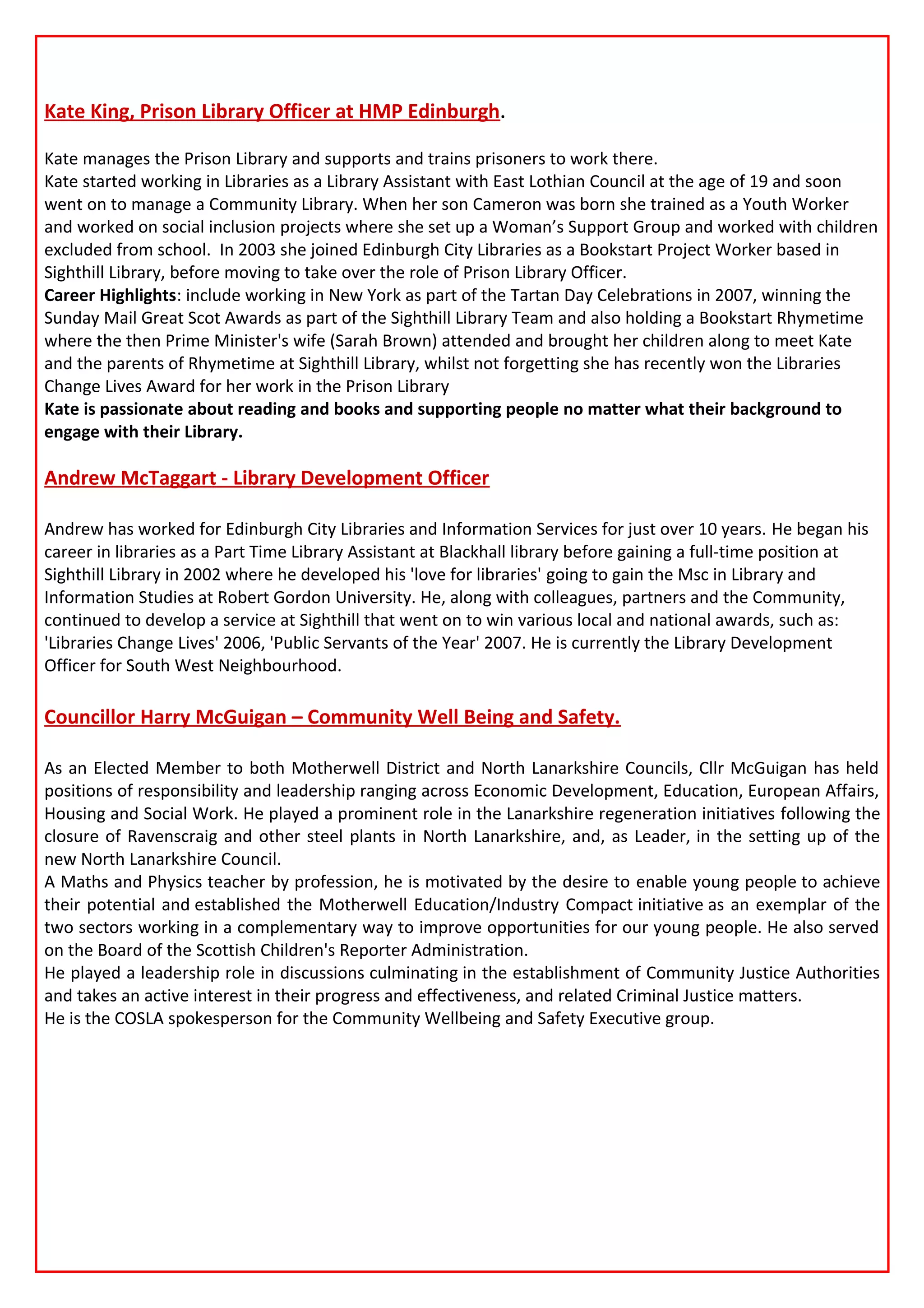 Libraries change lives and HMP Edinburgh: Speaker Profiles | DOC