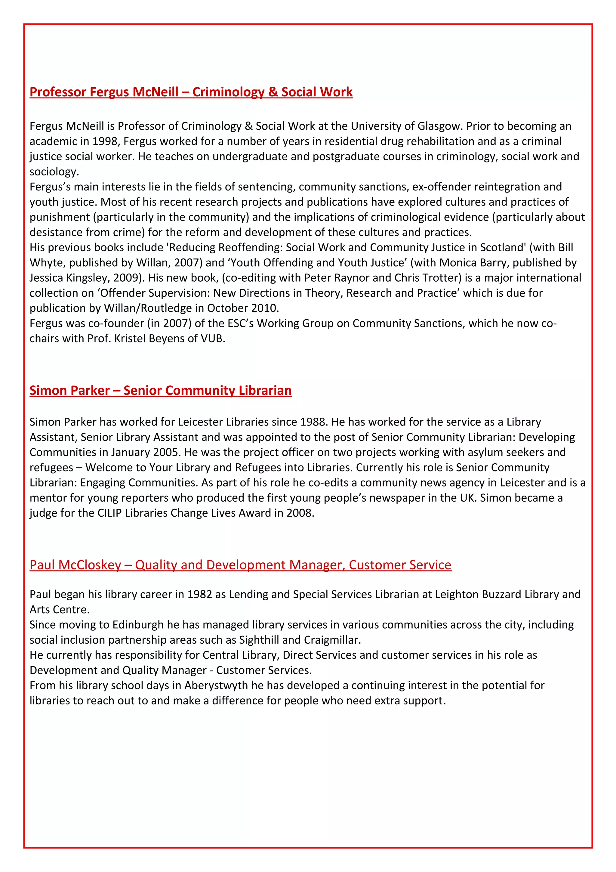 Libraries change lives and HMP Edinburgh: Speaker Profiles | DOC