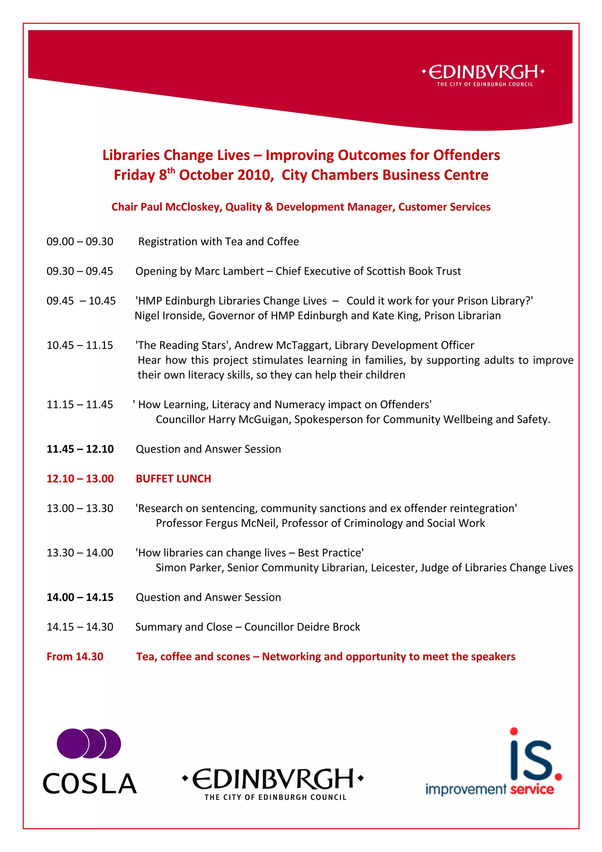 Libraries Change Lives and HMP Edinburgh - Programme | PDF