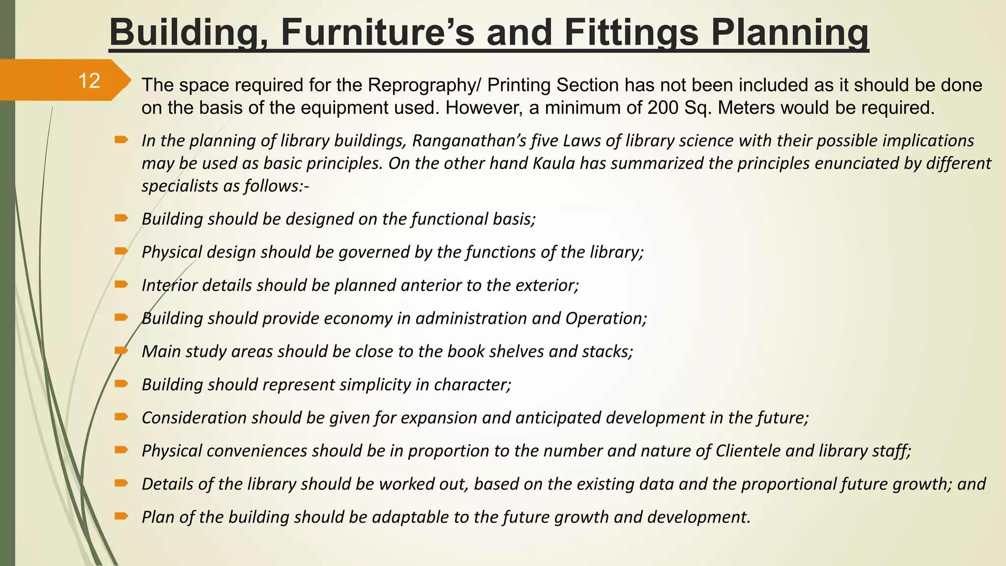 Library building, furniture, Equipment and its standards | PPTX