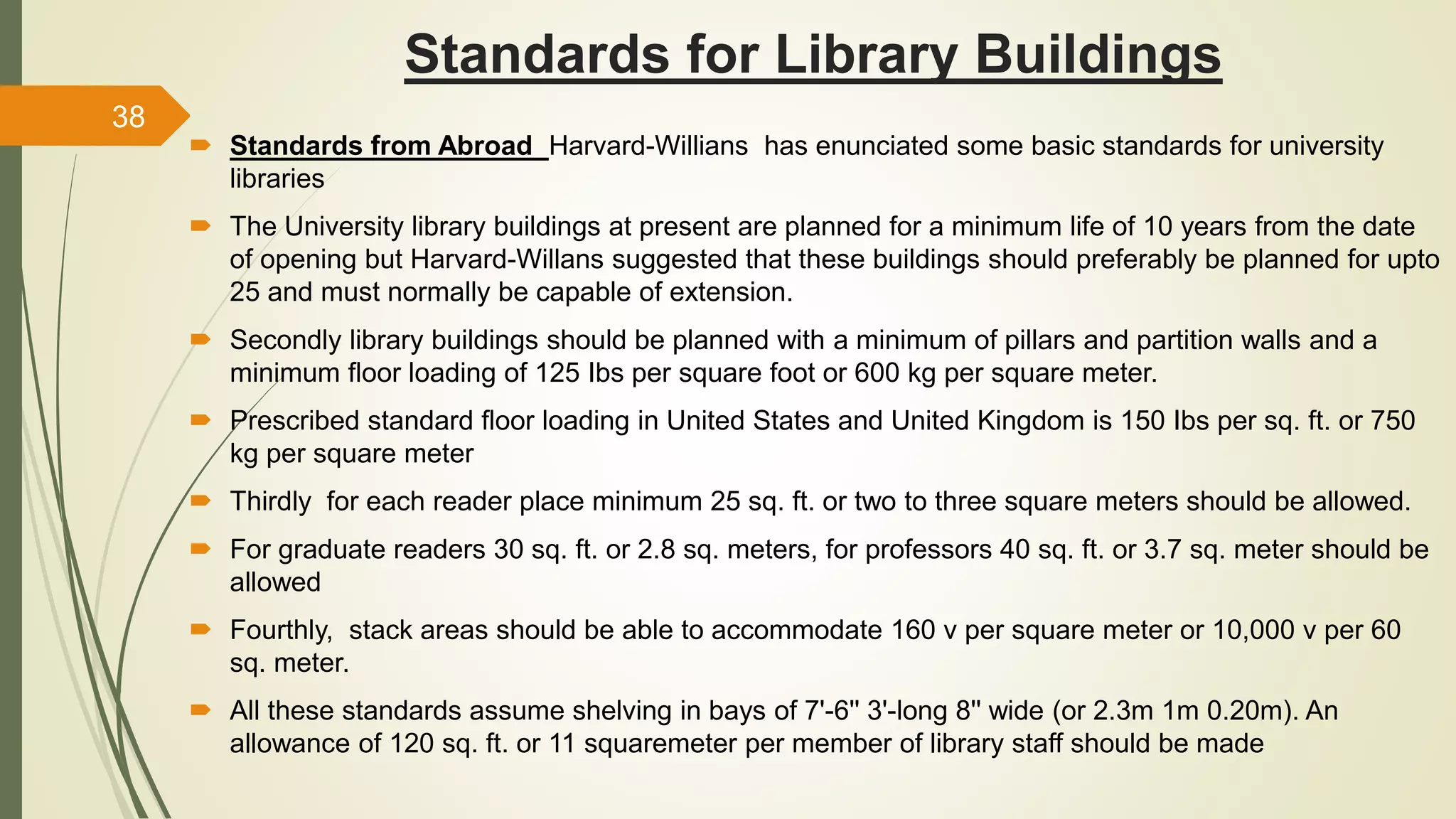 Library building, furniture, Equipment and its standards | PPTX