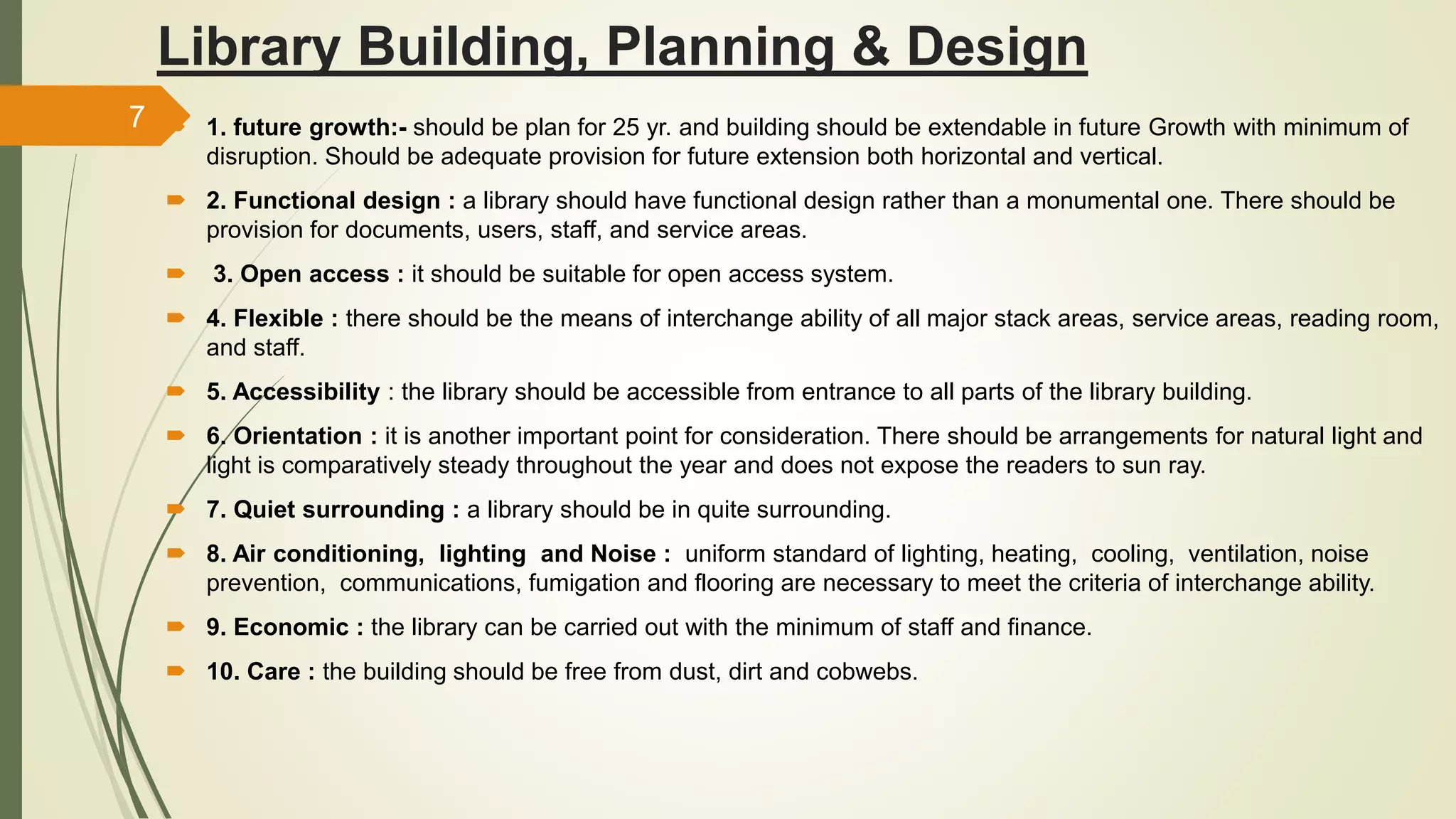 Library building, furniture, Equipment and its standards | PPTX