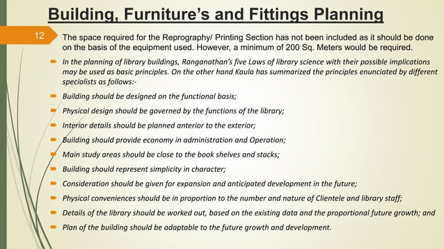 Library building, furniture, Equipment and its standards | PPTX
