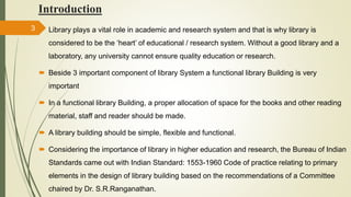 Library building, furniture, Equipment and its standards | PPTX