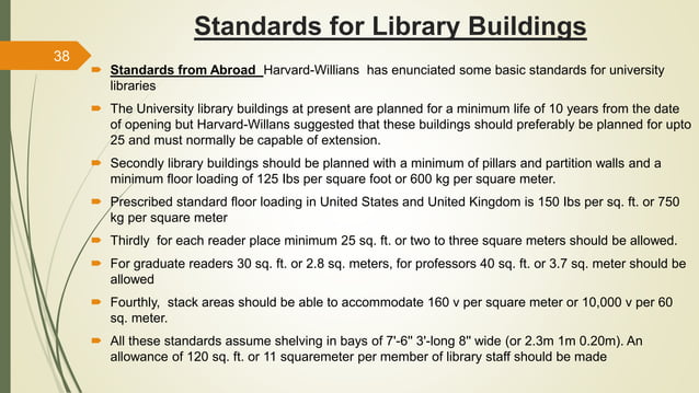 Library building, furniture, Equipment and its standards | PPTX