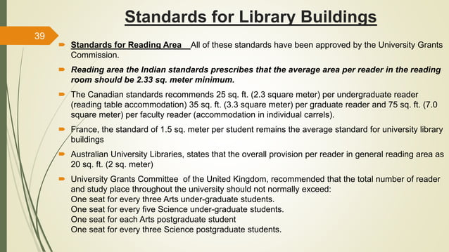 Library building, furniture, Equipment and its standards | PPTX