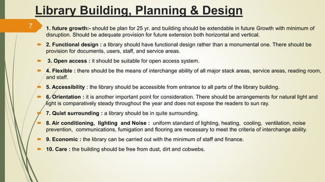 Library building, furniture, Equipment and its standards | PPTX