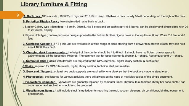 Library building, furniture, Equipment and its standards | PPTX