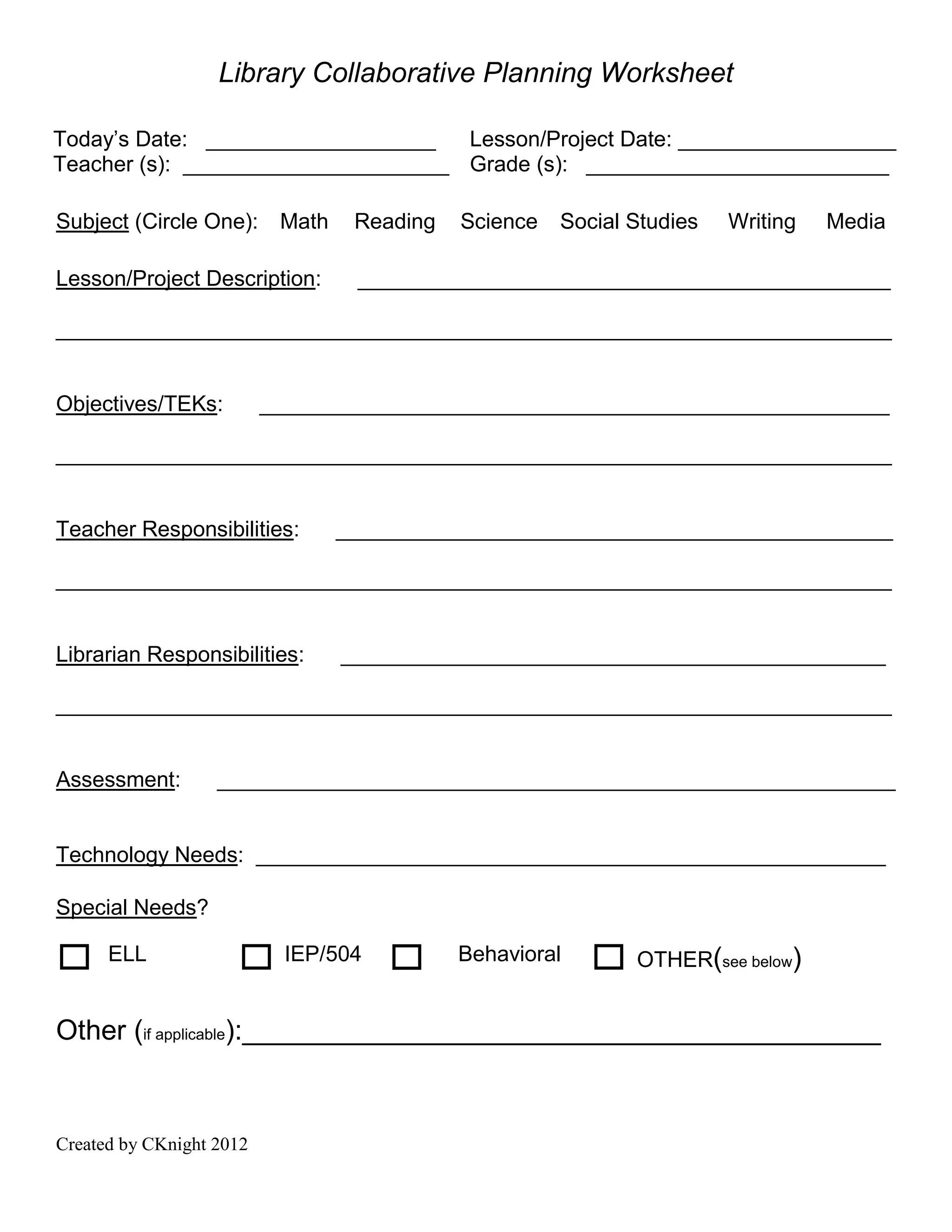 Library collaborative planning worksheet | PDF
