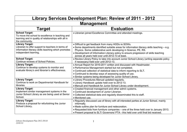 Library Development Plan 2012-2013 | PDF