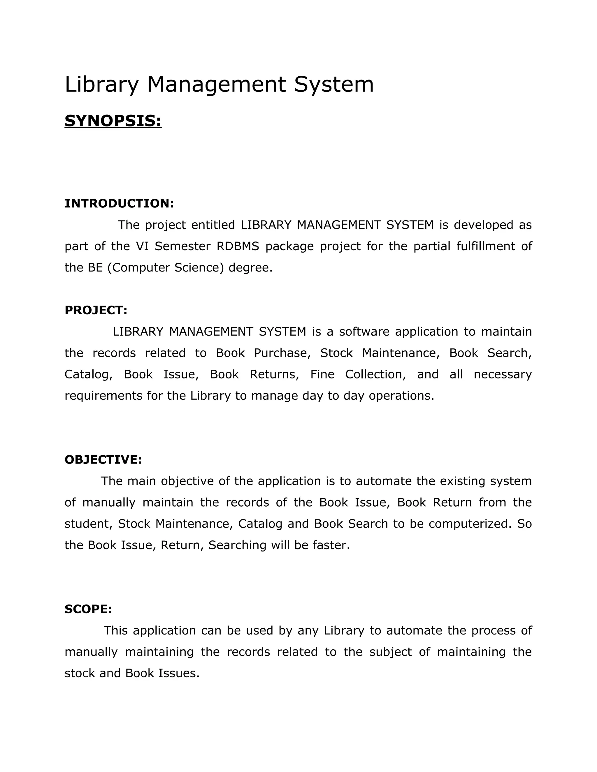 Library management system_synopsis | PDF