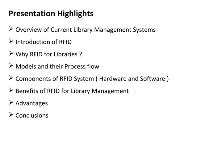 Library management system using rfid | PPT | Technology & Computing