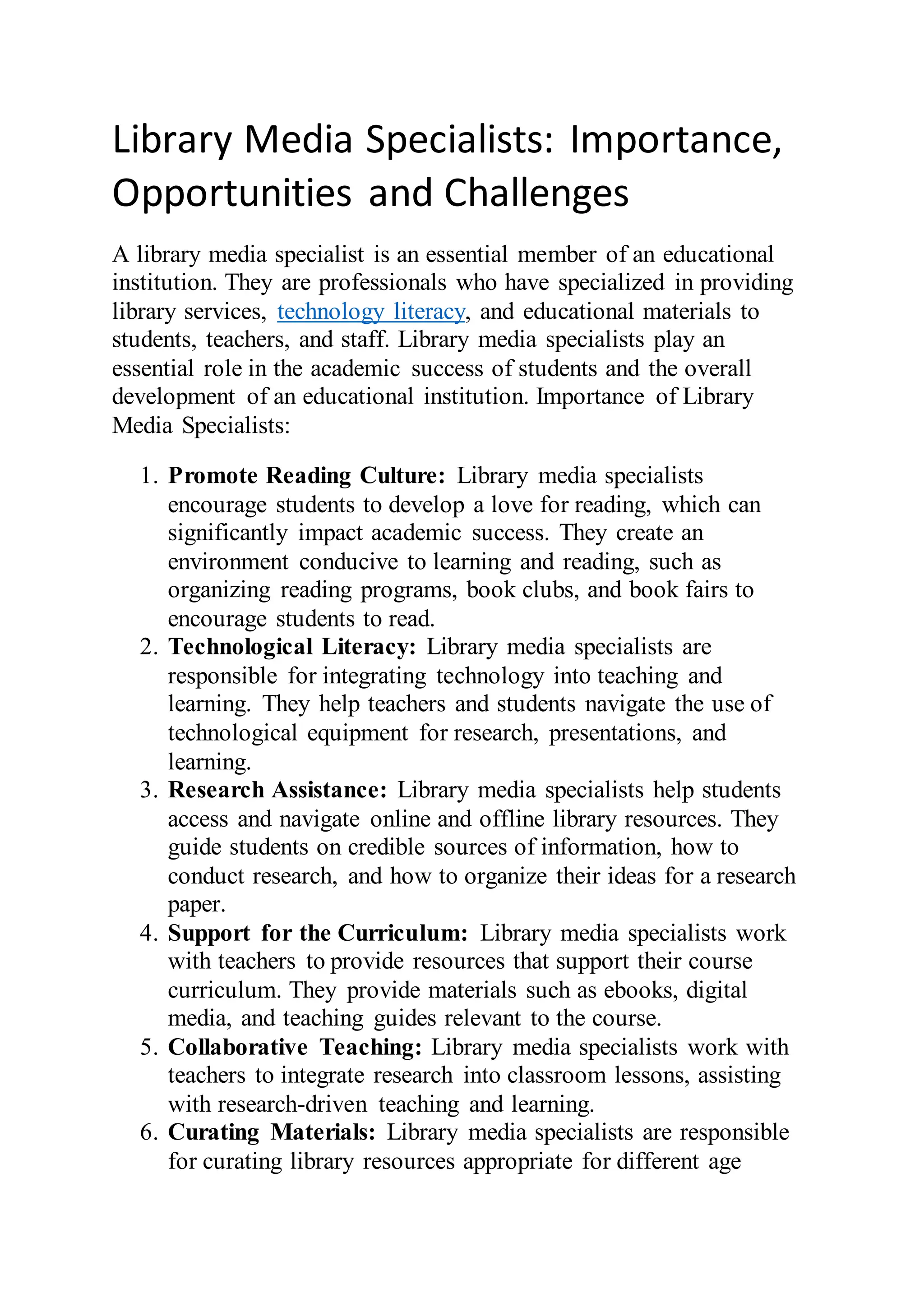 Library Media Specialists: Importance, Opportunities and Challenges | PDF