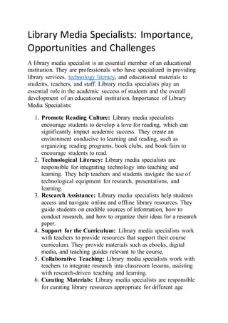 Library Media Specialists: Importance, Opportunities and Challenges | PDF