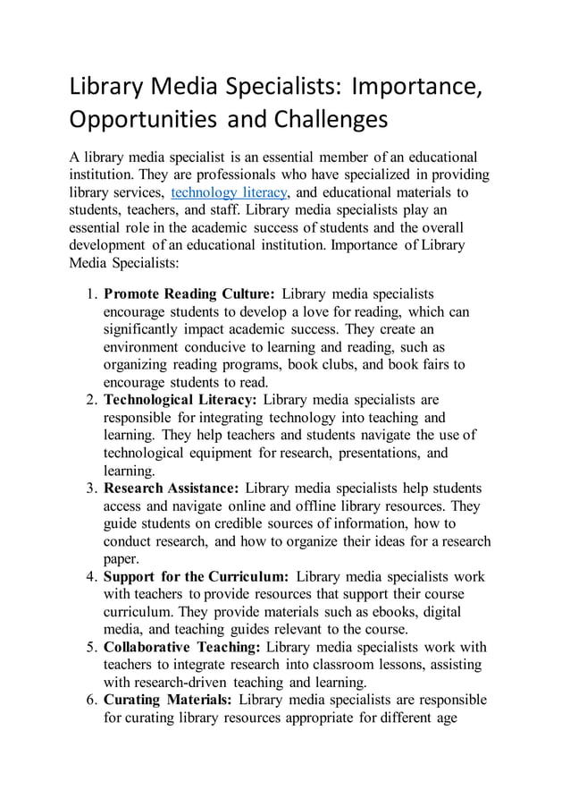 Library Media Specialists: Importance, Opportunities and Challenges | PDF