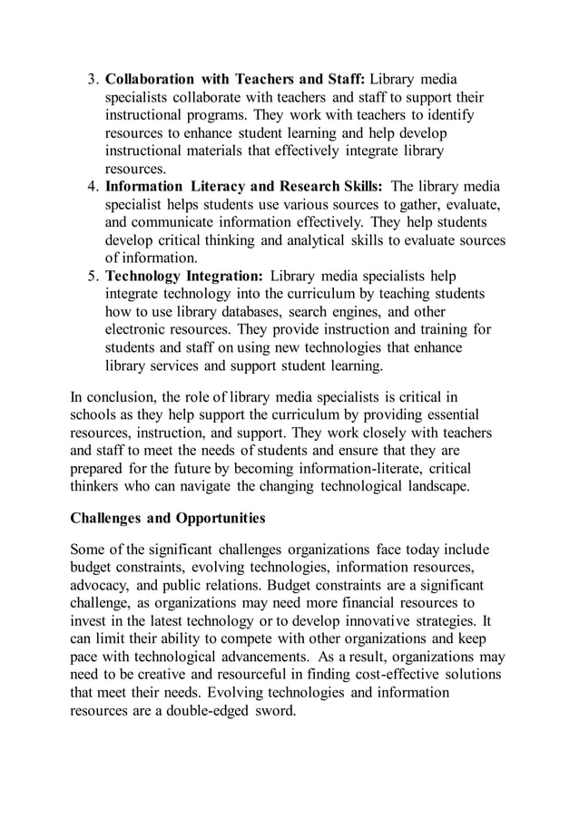 Library Media Specialists: Importance, Opportunities and Challenges | PDF