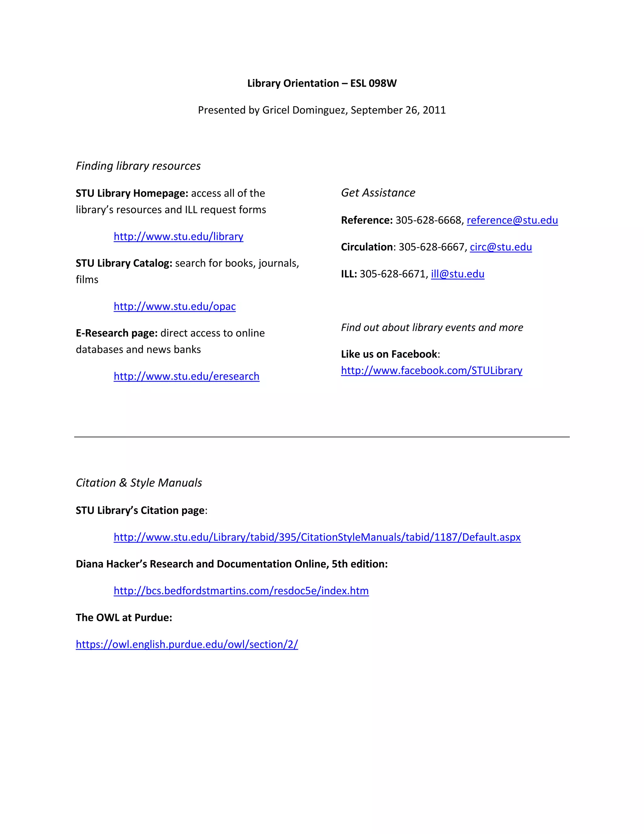 Library orientation - Resources and Quick-Guide | DOCX