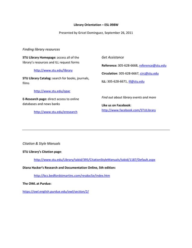 Library orientation - Resources and Quick-Guide | DOCX