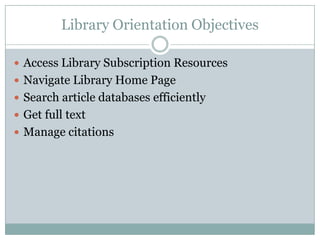 Library orientation vsb fellows | PPTX