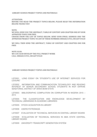 LIBRARY SCIENCE PROJECT TOPICS AND MATERIALS.docx