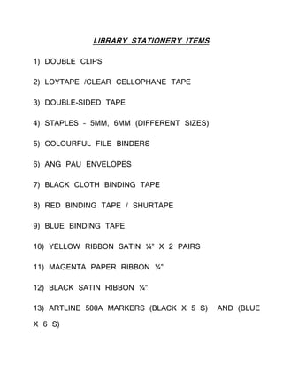 Library stationery items | DOCX