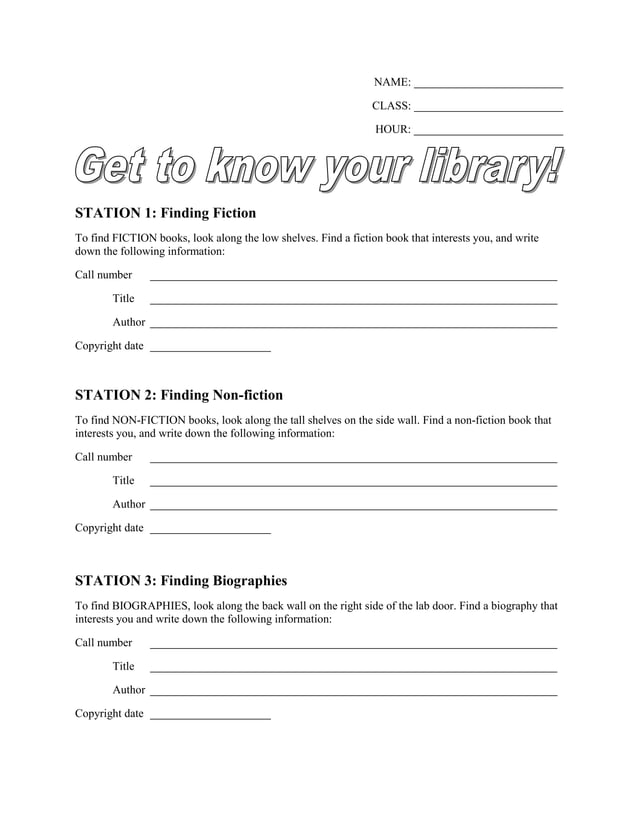 Library Stations Worksheet | DOCX | Education