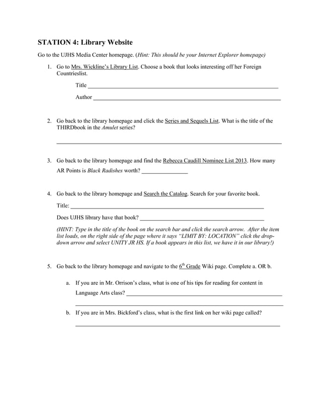 Library Stations Worksheet | DOCX | Education